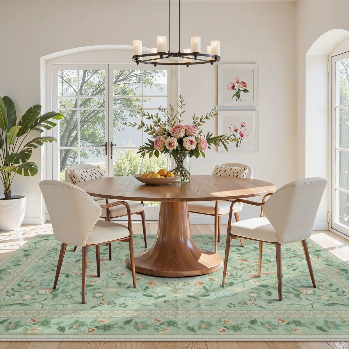 Celeste Washable Vintage Floral Light Green Area Rug - Lahome