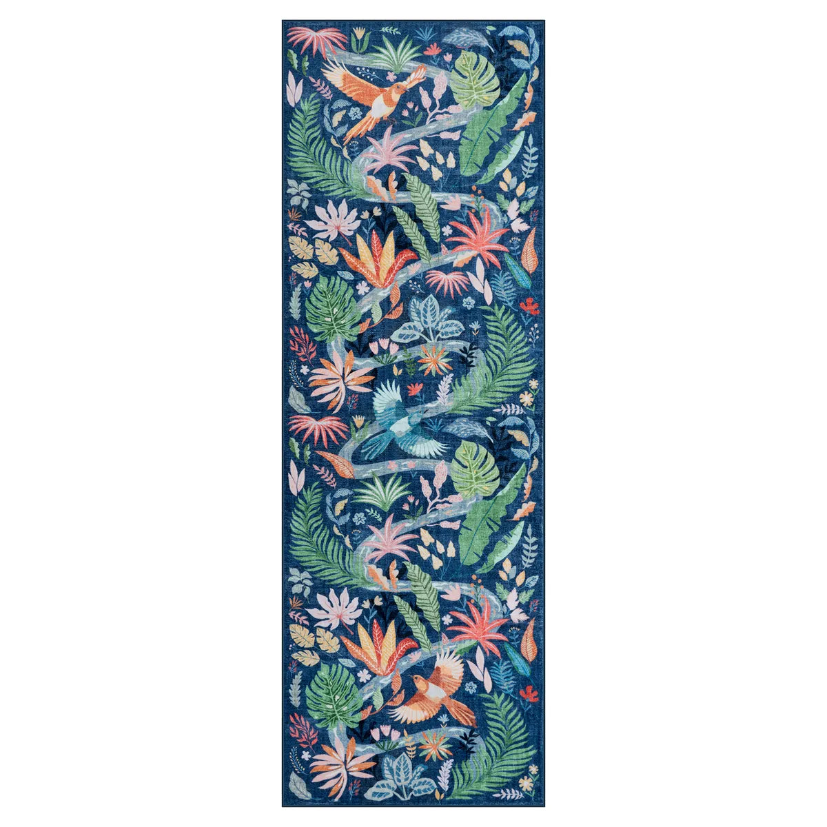 Washable Blue Tropical Bird Runner Rug | Avelie Modern Style - Lahome