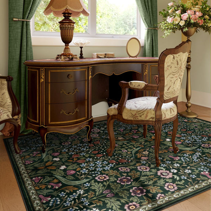 Claude Maximalism Vibrant Blossom Floral Dark Green Area Rug - Lahome