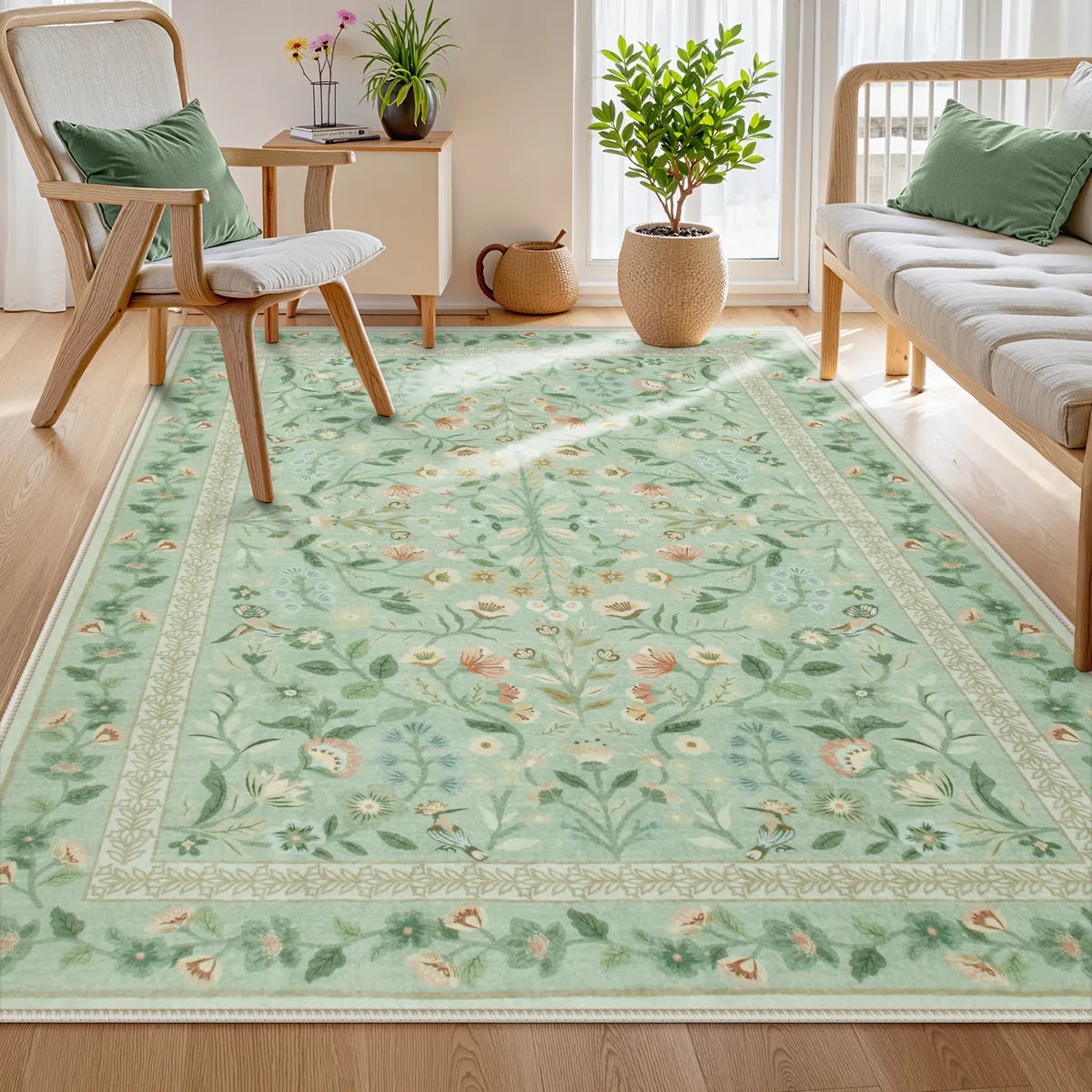 Washable Light Green Vintage Floral Area Rug | Celeste Classic Style ...