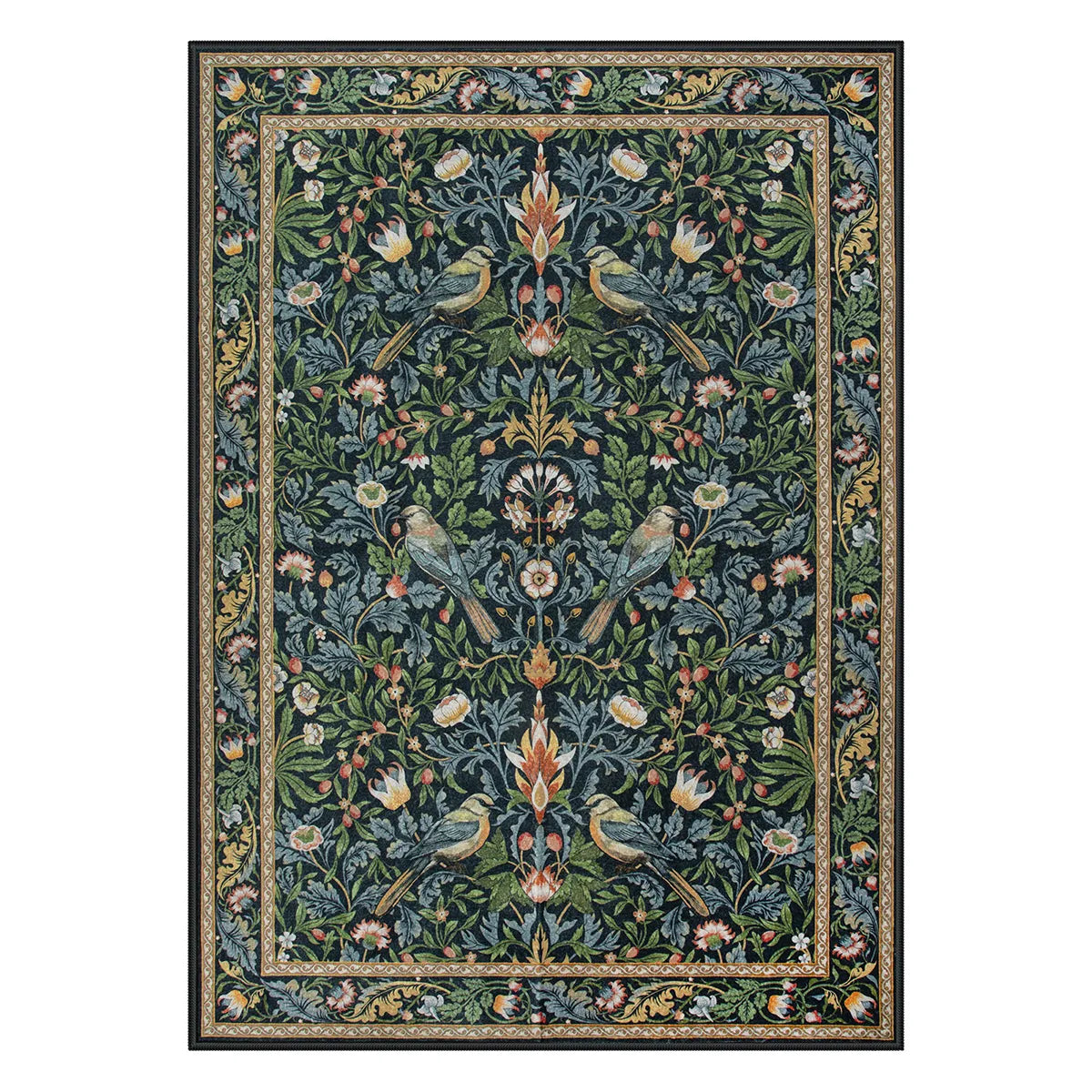 Washable Navy Blue Floral Bird Rug | Marcel Vintage Style - Lahome