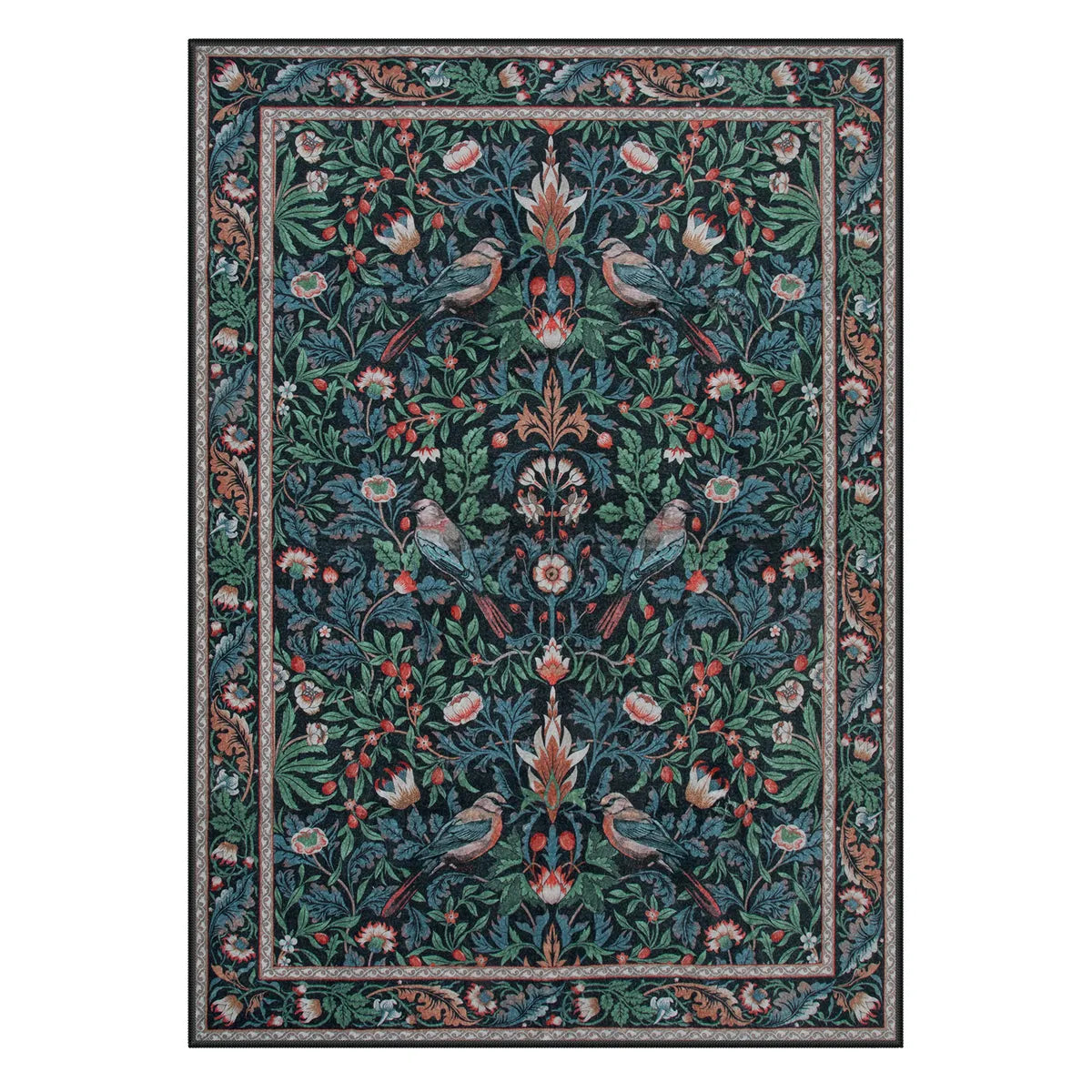 Washable Royal Blue Vintage Floral Bird Rug | Marcel Vintage Style - Lahome
