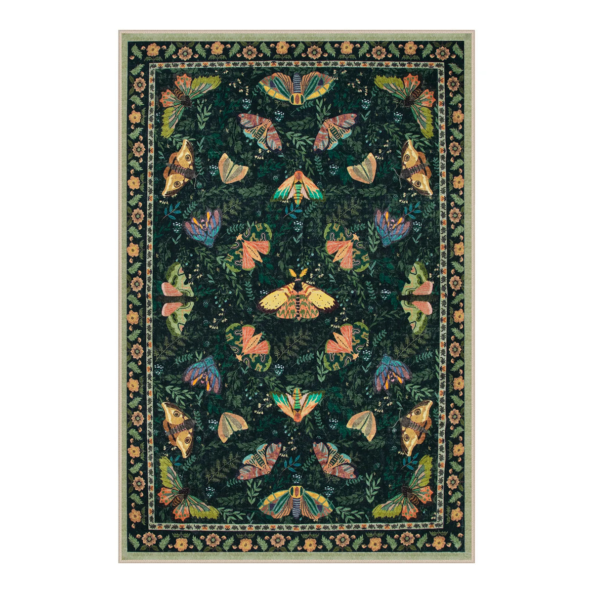 Washable Green Botanical Insect Rug | Villette Vintage Style - Lahome