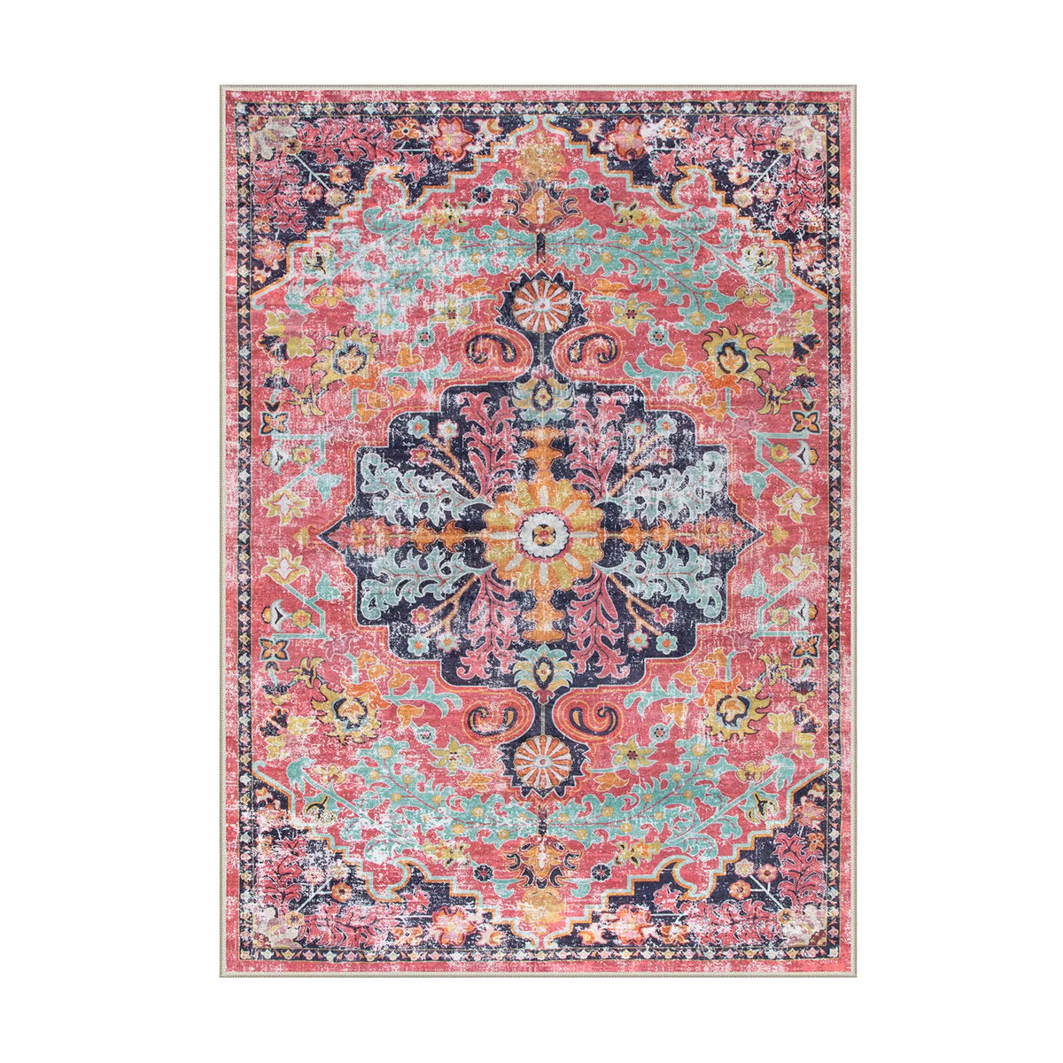 Reine Washable Bohemian Floral Medallion Red Rug - Lahome