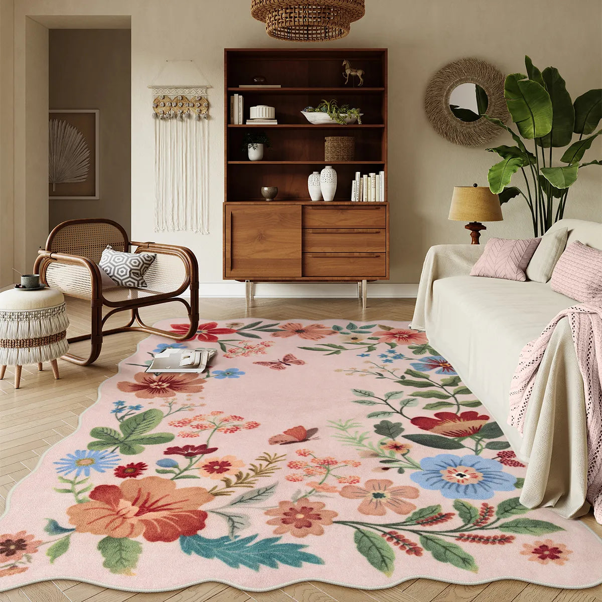 Flore Boho Modern Parisian Floral Light Pink Area Rug - Lahome