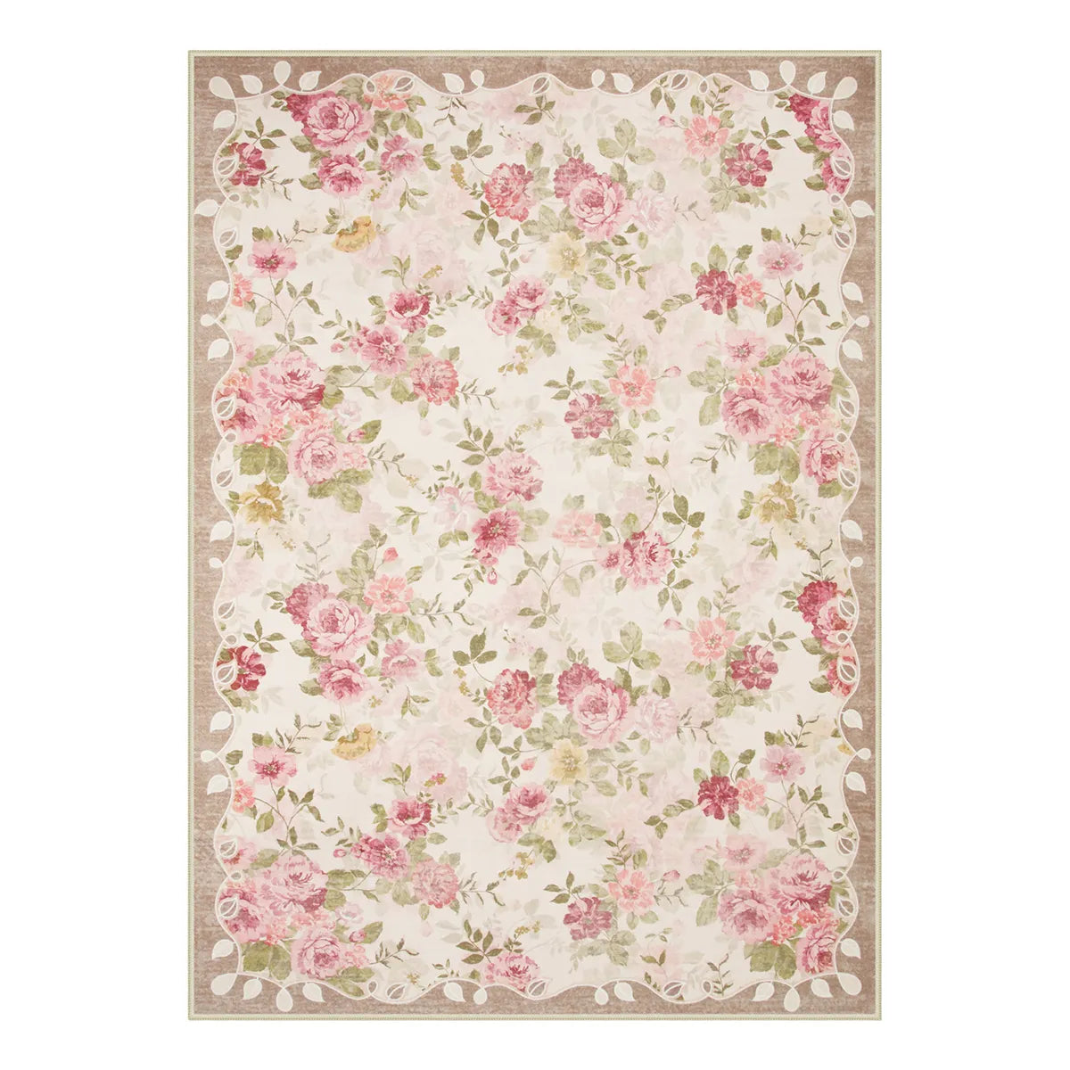 Nina Washable Romantic Modern Floral Rose Garden Pink and Beige Area ...
